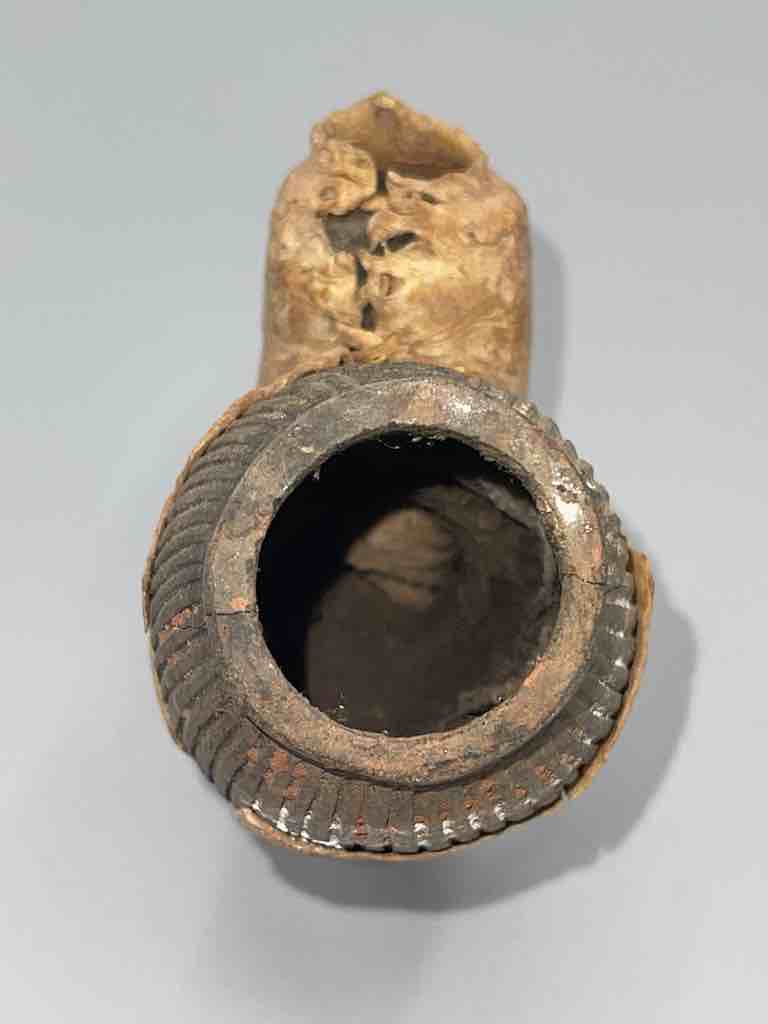 Vintage African Ceramic & Rawhide Pipe Bowl — Niger Bend