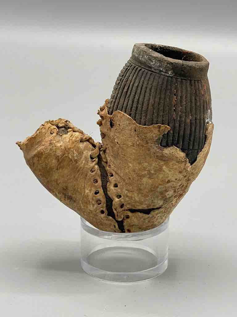 Vintage African Ceramic & Rawhide Pipe Bowl — Niger Bend